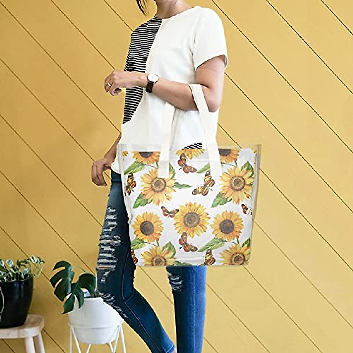 Sunflower Butterfly Clear Tote Bag, Women Shoulder Bag Double Transparent Bags Handbag for Work, School, Shopping, Travel, Beach （21160099）