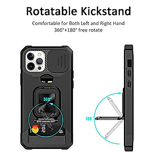 Nvollnoe for iPhone 12/12 Pro Case with Sliding Camera Cover and Card Holder Heavy Duty Protective iPhone 12 Case with Ring Magnetic Kickstand Phone Case for iPhone 12/12 Pro(Black)