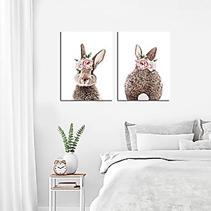 Girls Nursery Wall Art Bunny Rabbit with Pink Flower Crown Canvas Print Wall Decor Woodland Animal Posters Kids Room Set of 2 Bedroom Deccoration Framed Wall Art