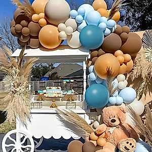 RUBFAC Blue Brown Balloon Garland Arch Kit, 142pcs Bear Baby Shower Decoration for Gender Reveal and Birthday Party Decoration, Jungle and Boho Theme Party Decoration