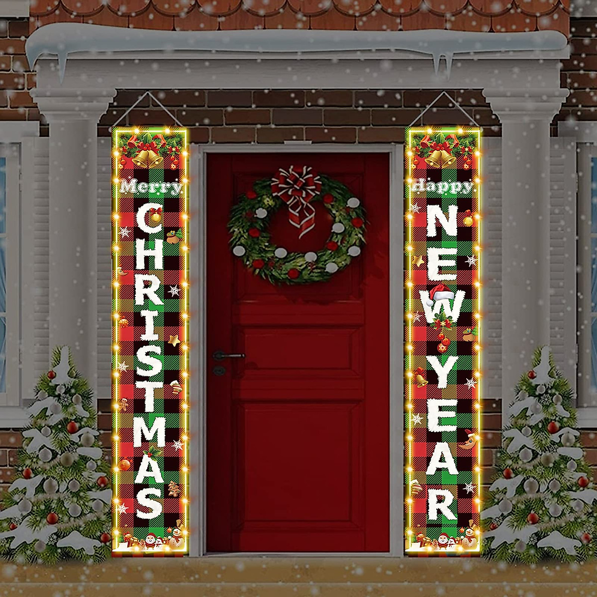 KOKISHIN Christmas Decorations Banner, Merry Christmas Happy New Year Party Decor With string Light for Indoor Outside Front Door Living Room Kitchen Wall Party Sign Decor 72 x 12 Inch