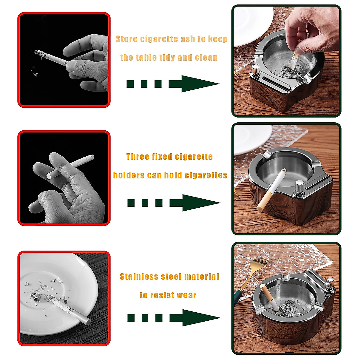 YUSUD Large Cigarette Ashtray with Permanent Match Lighter, Flint Fire Starter Ashtray, Fancy Metal Ash Tray Set for Weed, Cool Ashtrays for Cigars Outdoor Indoor Decor in Home Office