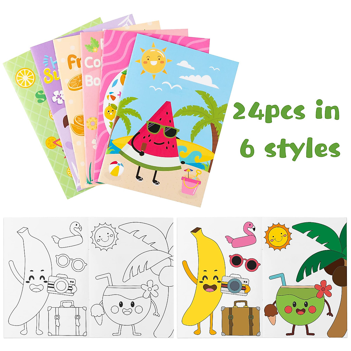 MALLMALL6 24Pcs Fruit Coloring Books with Watermelon Pineapple Lemon Banana Orange Coconut Tropical Frutti Art Patterns Summer Themed School Party Supplies Home Game Activity for Kids Girl Boy Age 4-8