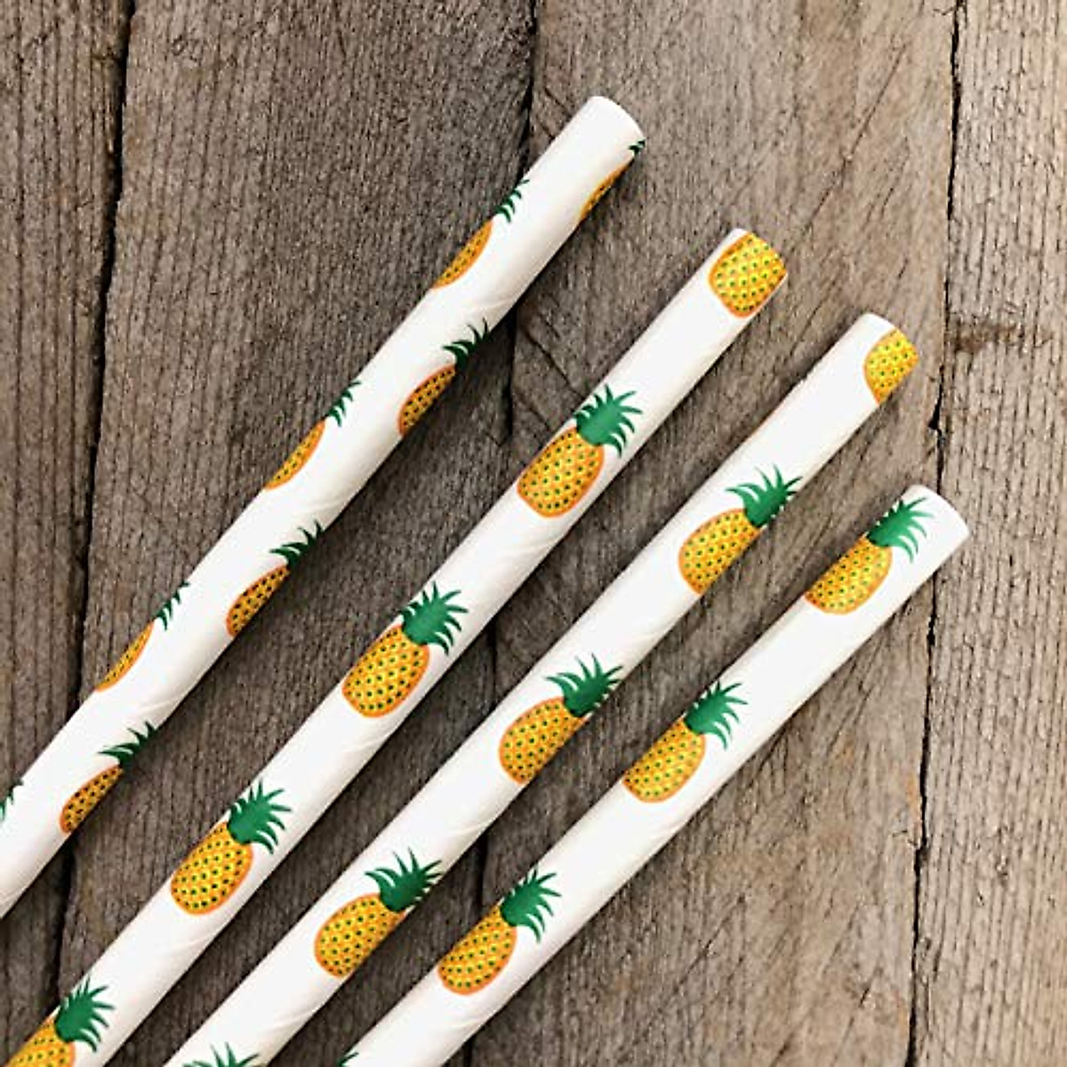 Pineapple Theme Paper Straws - Yellow Green White - Hawaiian Luau - 7.75 Inches - 100 Pack - Outside the Box Papers Brand
