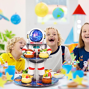 Zopeal Space Astronaut Cupcake Stand Space Themed Birthday Party Decorations 3 Tier Planet Cupcake Holder Cake Stand Decorations Galaxy Spaceman Dessert Tower for Space Shower Party Supplies