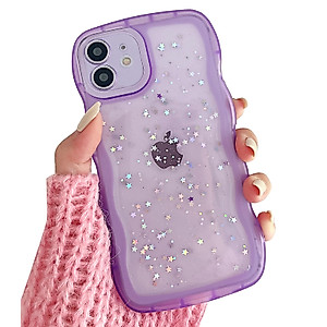Qokey for iPhone XR Case 6.1 inch Curly Wave Edge Design Transparent Bling Glitter Star Shiny Case Cute Clear Transparent Full Protection Soft TPU Shockproof Phone Cover for Women Girls,Purple