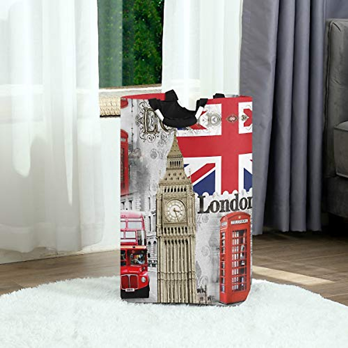 CaTaKu London Big Ben Large Laundry Basket Laundry Hamper Bag Washing Bin Clothes Bag Collapsible Tall with Handles Travel Bathroom College Storage for College Dorm