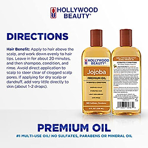 Hollywood Beauty Jojoba Hair Oil, 8oz Bottle, Light Non Greasy, Hydrates & Conditions Hair, Soothes scalp, Anti-Frizz fighter, Can be Used as a Hot Oil Treatment