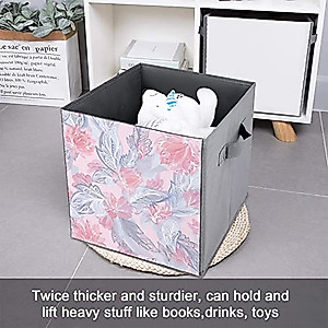 DamTma Romantic Feathers Collapsible Storage Cubes Red Grey Pink Pattern 10.6 Inch Fabric Storage Bins Storage Cubes with Handles Basket Storage Organizer for Clothes Pet Toys