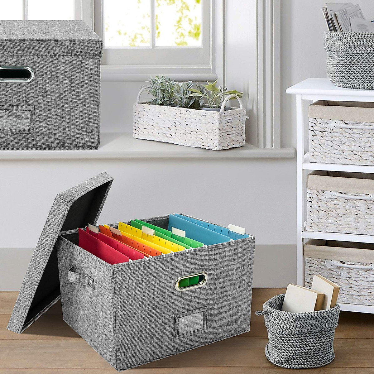 JSungo 2 Pack File Box with 10 Hanging Filing Folders, Document Organizer Storage with Lid, Collapsible Linen Hanging Filing Organization, Office Portable Storage with Handle, Grey