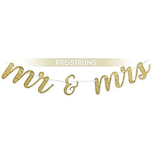 Pre-Strung Mr & Mrs Sign for Wedding Table - Wedding Decorations for Reception and Ceremony , Wedding Sign Gold Wedding Decor , Sweetheart Table Wedding Banner for Bride and Groom Chair - by Prazoli