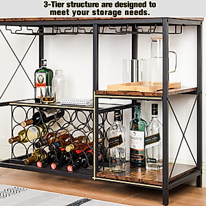 Tektalk Wine Bar Cabinet Wine Rack Freestanding Table with Glass Holder and Wine Storage for Home Kitchen Dining Room - Rustic Brown
