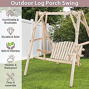 Outdoor Wooden Porch Swing 67 Inch Log Swing with Stand, A-Frame Yard Swing Set Patio Furniture Modern 2 Person Swing Sturdy Garden Bench Swing Rustic Curved Back Swing Chair for Adults