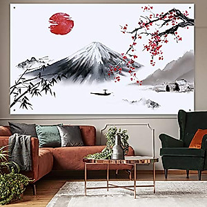 Japanese Wall Hanging Photo Banner Asian Mount Fuji Red Sun Backdrop Japanese Landscape Nature Background for Japanese Party Wall Home Decorations, 72.8 x 43.3 Inch
