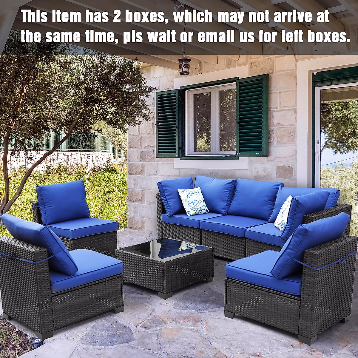 Peacabo 7 Pieces Outdoor Rattan Wicker Patio Conversation Set with Coffee Table, Armless Sofa, and Corner Sofa, Cushions Included, Outdoor Sectional Patio Furniture Set, Coffee/Blue