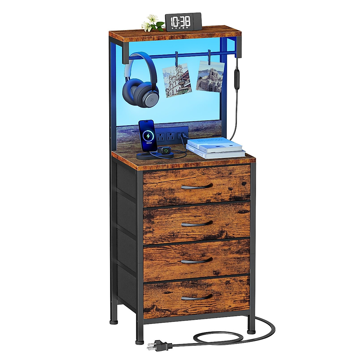 Furnulem Tall Nightstand with Charging Station, Night Stands with LED Lights and Storage Shelves, Bed Side Table for Bedroom, Hallway, Office, 4 Fabric Drawers, Rustic Brown