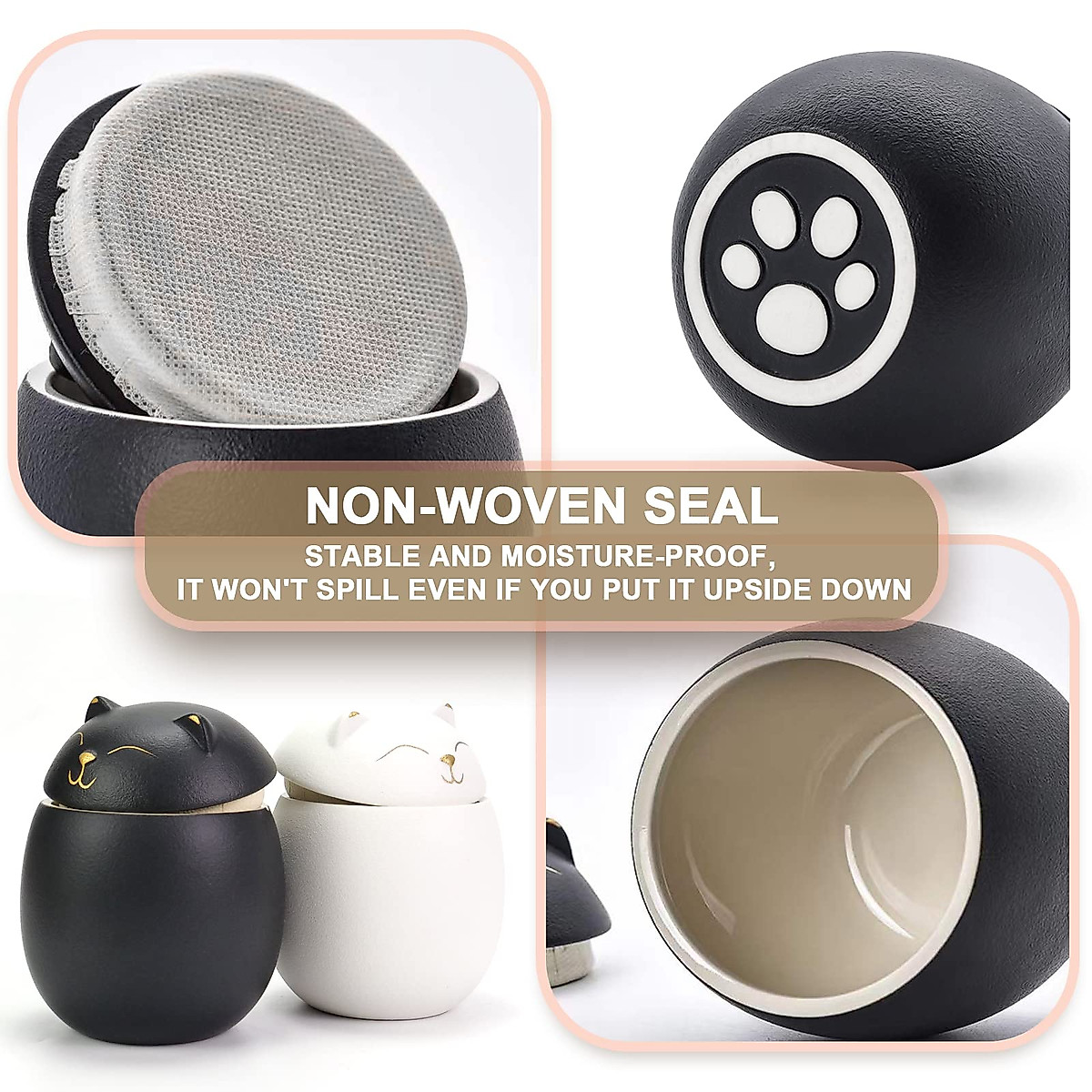 MEETPET Cat Urn Dog Urn Sized 3.2x2.9 and 4.9x4.25. A Smiley-Cat Pet Urn with a Memoria Card.Cat Urns for Ashes for Your Pet (12 cu/in, Black)