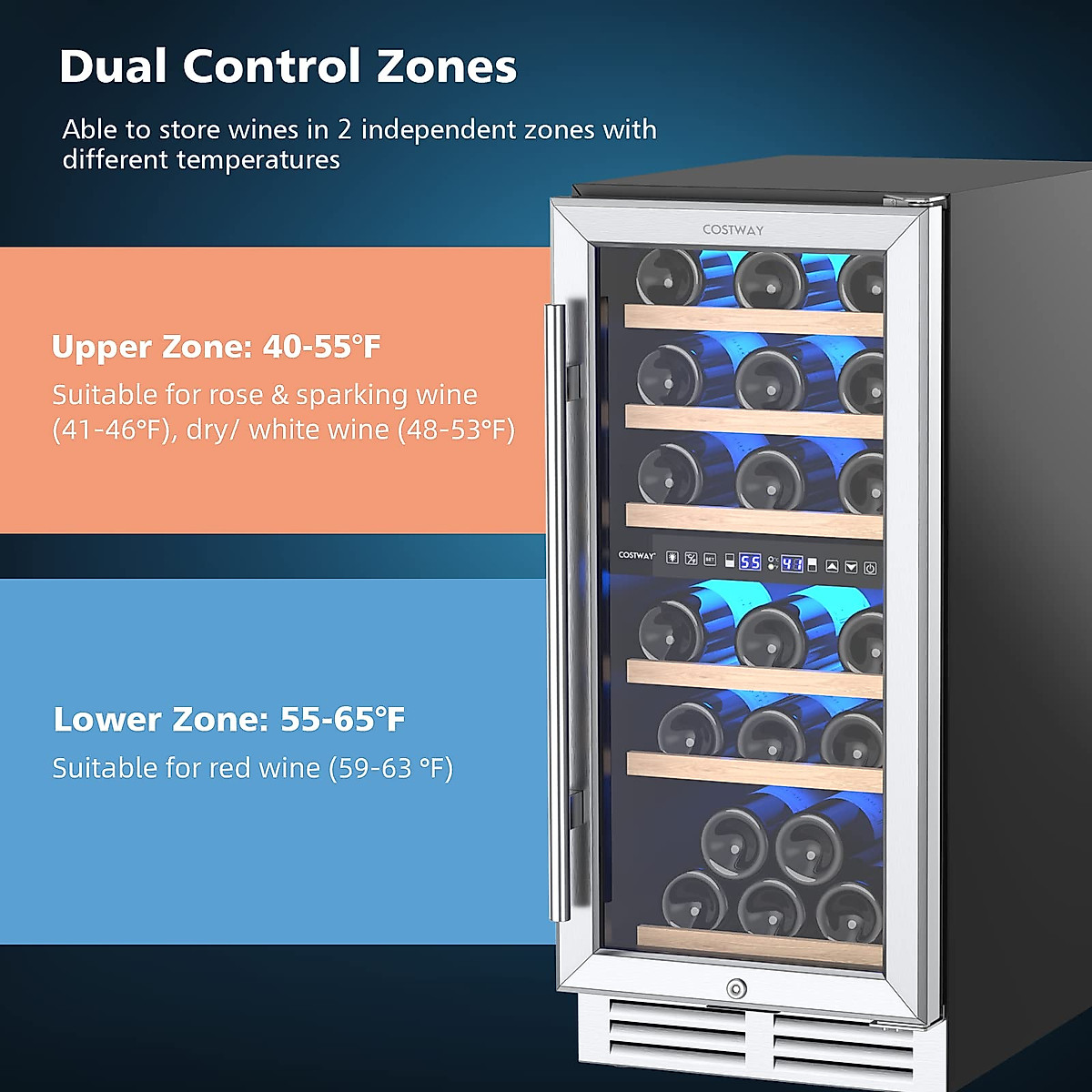 COSTWAY 15 5-Inch, 30-Bottle Cellar with Lock, Glass Door, Memory Temp Control, Freestanding & Built-in Mini Fridge for Bar Kitchen Home Wine Cooler Refrigerator, 15 Inch Dual Zone, Black