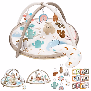 Washable Baby Gym Activity Center with Animal Play Mat, Visual, Hearing, Touch, Cognitive Early Development Playmats, 6 Toys for Infant & Toddler, Larger, Non Slip