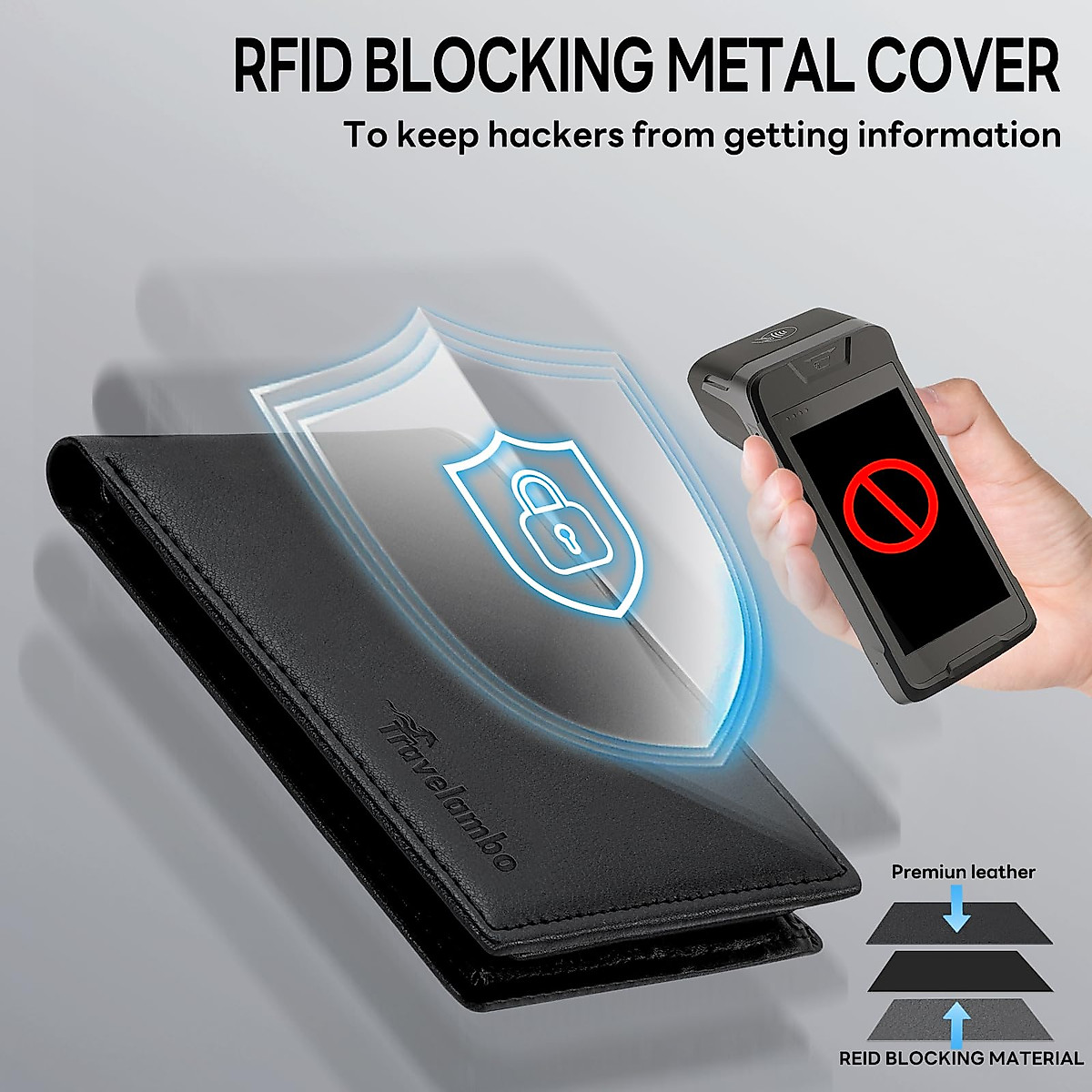 Travelambo Black Wallet for Men, Premium Genuine Leather RFID Blocking Mens Wallet, 10 Credit Card Holder Minimalist Front Pocket, Mens Bifold Wallet with 2 ID Window