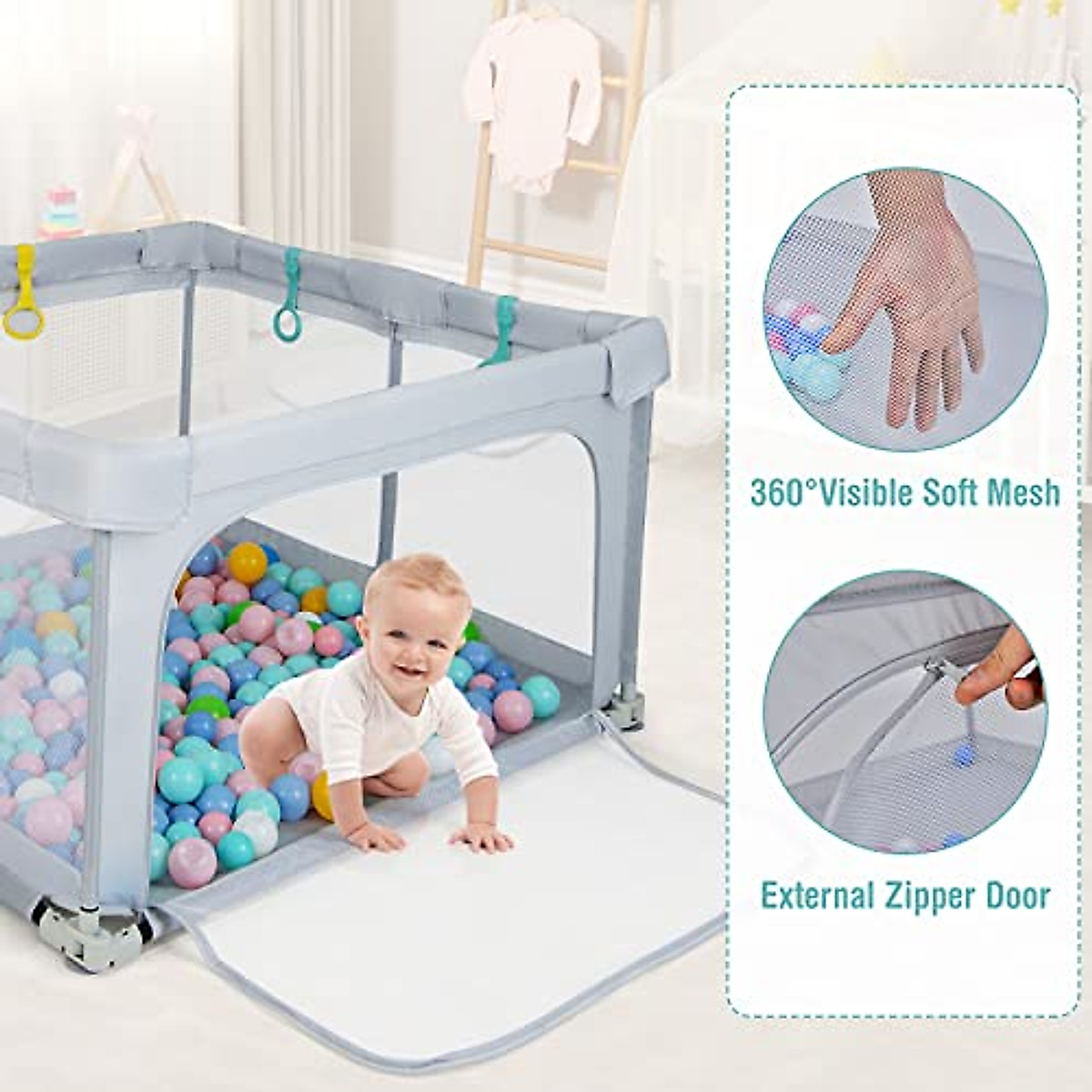 INFANS Baby Playpen Foldable, 50’’x50’’ Large Baby Playard for Toddlers with Gate, Soft Visible Mesh, Indoor Outdoor Kids Activity Center Baby Fence with 4 Handlers 50 Ocean Balls (Gray)