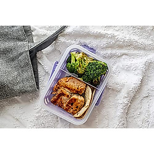 Ello Plastic Divided Container Food Storage Portion Control Set with Locking Leak-Proof Lids, 2 Set 4 Cup, Purple/Blue