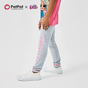 L.O.L. Surprise! 2pcs Kid Girl Clothes Letter Print Striped Short Sleeve Pink Tee Top and Pants Set Dark Pink 5-6 Years