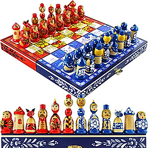 Russian Khokhloma vs Gzhel Themed Chess Set - Hand Painted Wooden Chess Pieces as Matryoshka Dolls - Souvenir Board Games for Adults - Chess Gifts