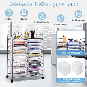 COSTWAY 15 Drawer Rolling Storage Cart, Multipurpose Mobile Storage Organizer w/Removable Drawers & Metal Frame, Utility Tools Paper Organizer on Wheels for Home, Office (Transparent)