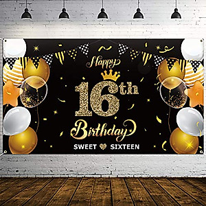 WATINC Happy 16th Birthday Backdrop Banner Background Banners 78” x 45” XtraLarge Backdrops Balloons Black Gold Party Decorations Supplies for Indoor Outdoor Photo Booth Props