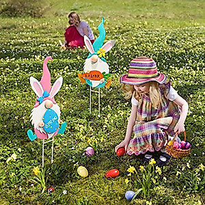 FUNPENY Set of 2 Metal Easter Gnomes Yard Signs Outdoor, 24.6 Inch Bunny Rabbits Stakes Easter Decorations for Garden, Lawn, Party, Easter Props Decor