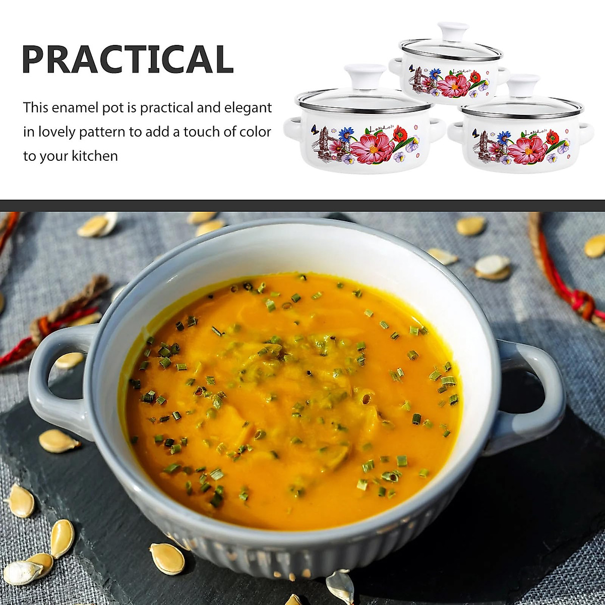 Totority Enamel Stockpot 3 Pcs Kitchen Enamel Stockpot with Lid, Retro Flower Stew Bean Cooking Pot, Vintage Thicken Soup Pot with Handles, Nonstick, Safe for Induction Cookers, Gas Stove