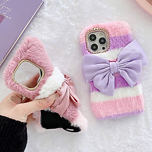 HFICY Girly Faux Fur Phone Case with 2 Pack Glass Screen Protector Films,Cute Silk Bow Soft Fluffy Furry Shockproof Protective Phone Cover for Women (Purple,for Oppo Reno 6 PRO 5G)