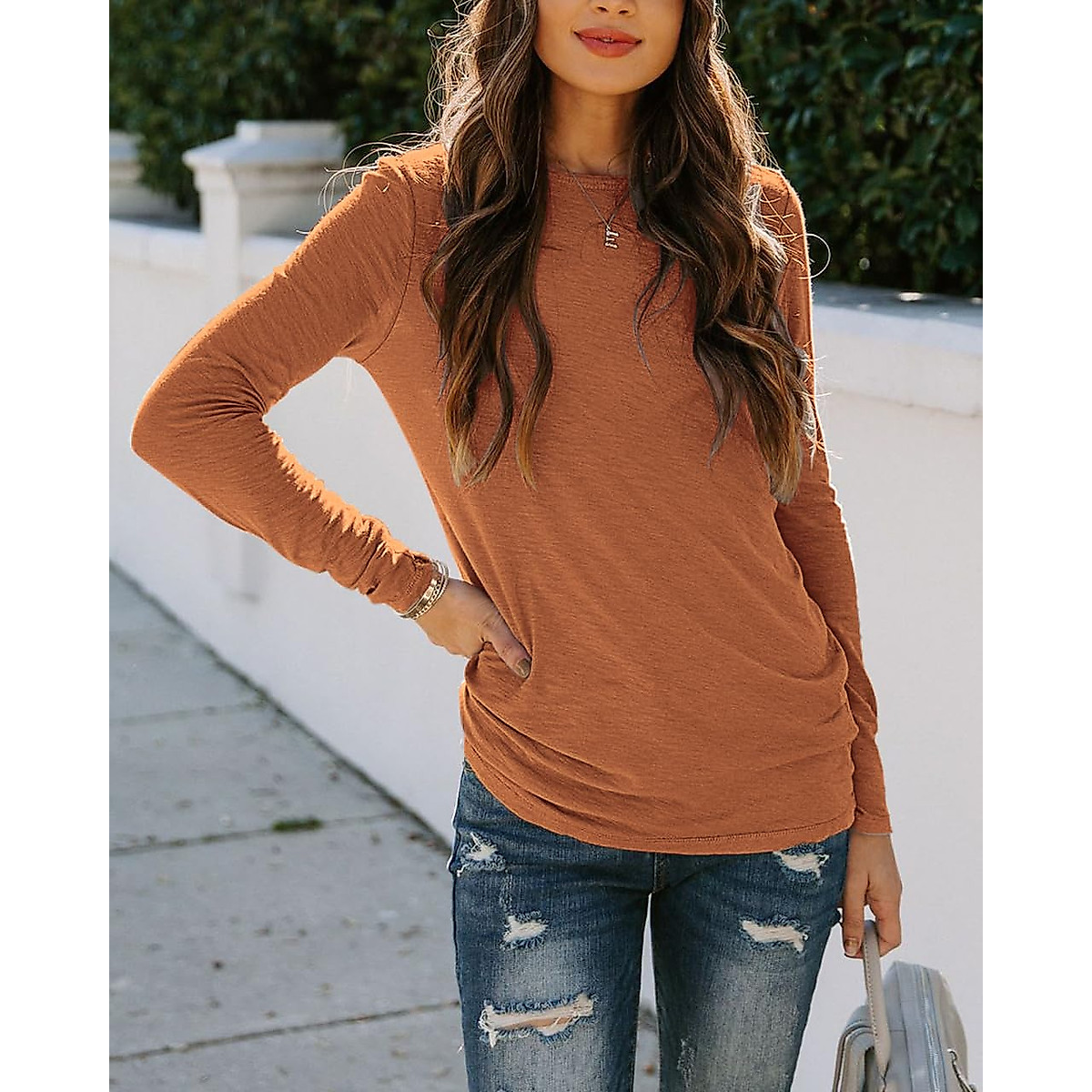 Sherosa Womens Long Sleeve Tops Dressy Casual Fall Crew Neck Solod Color Basic T-Shirts Burnt Orange,M