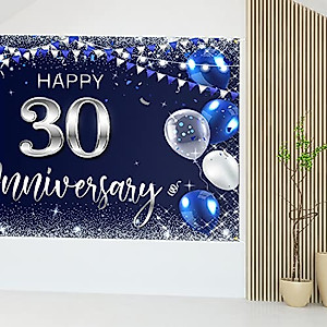 Happy 30th Anniversary Backdrop Banner Decor Navy Blue – Silver Glitter Happy 30 Years Wedding Anniversary Party Theme Decorations for Women Men Supplies