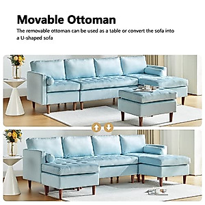 ORRD U-Shape Convertible Sectional Sofa, Modular Sleeper Couch Chaise Modern 6 Seater Velvet Sofa for Living Room, Bedroom, Apartment (Light Blue)