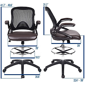 ARTETHYS Drafting Chair with Flip-up Armrests, Tall Office Chair Adjustable Height, Standing Desk Chair rotatable pu Leather seat(Black)