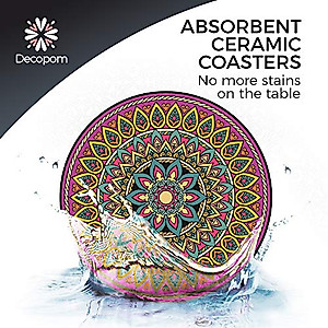 Decopom Drink Coasters Stone Mandala with Holders - 12 Pack Cute Cool Drink Coasters Absorbent Ceramic Round Edge with Cork Base and 2 Black Iron Holders for Apartment Table Bar Mugs Glasses Cup Beer