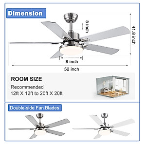 SNJ 52 inch Ceiling Fan with Light, Modern Silver Ceiling Fan with Light and Remote, Brushed Nickel and White Ceiling Fan for Bedroom, Living Room, Outdoor Patio, Quiet DC Motor (5 Blades)