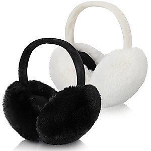 SATINIOR 2 Pieces Winter Ear muffs Faux Fur Earmuffs Cute Foldable Outdoor Ear Warmers Faux Fur Ear Warmers for Women (Black, White), One Size