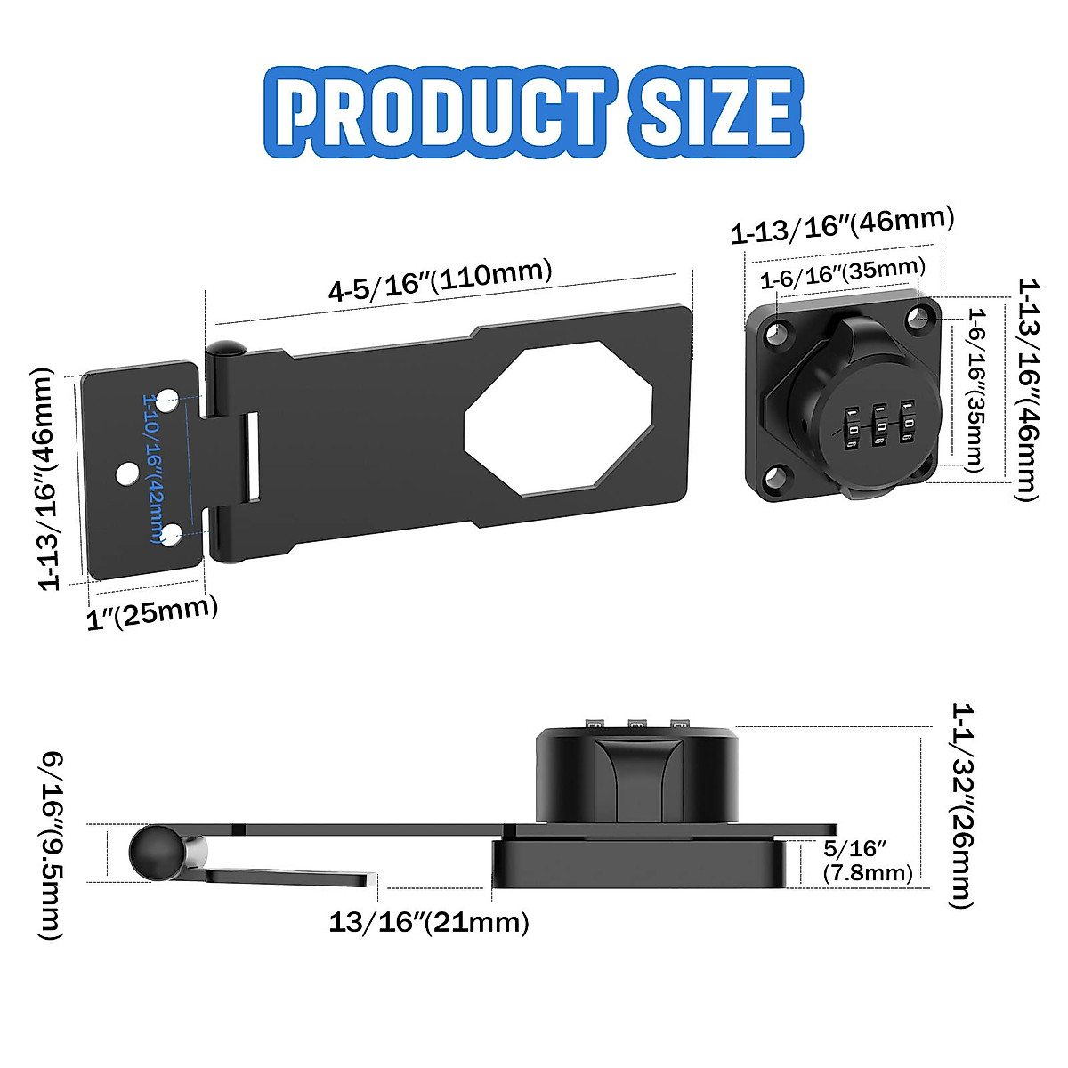 Household Cabinet Password Hasp Locks, Cabinet Door Combination Lock, Door Security Slide Latch Lock for Small Doors, Cabinets, Barn Door, Bathroom, Outdoor, Garden (Black)