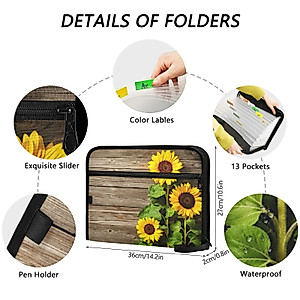VIGTRO Summer Sunflowers Wooden 13 Pocket Expanding File Folder Waterproof with Sticky Labels, Summer Flowers Letter A4 Paper Accordion Document Organizer with Zipper for Office and Classroom
