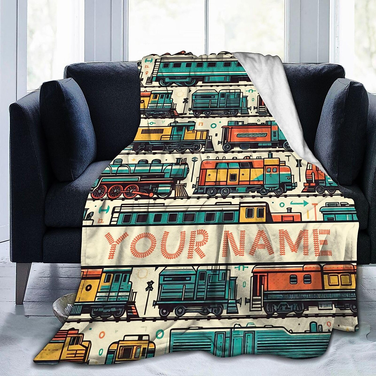 Homieblanket Custom Train Blanket with Name for Boys Girls, Personalized Cute Train Themed Design Printed Throw Blankets for Kids Lap, Chair Sofa, Giftable Blanket, 40"x 50"