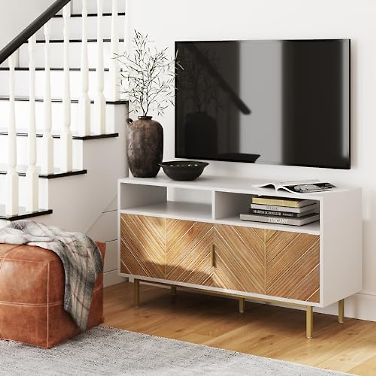 Nathan James Izsak Media Console, TV Stand, Entertainment Cabinet with Herringbone Doors and Cubby Storage in a Fir Wood Finish for Living, Dining Room or Entryway, Brown/White/Gold
