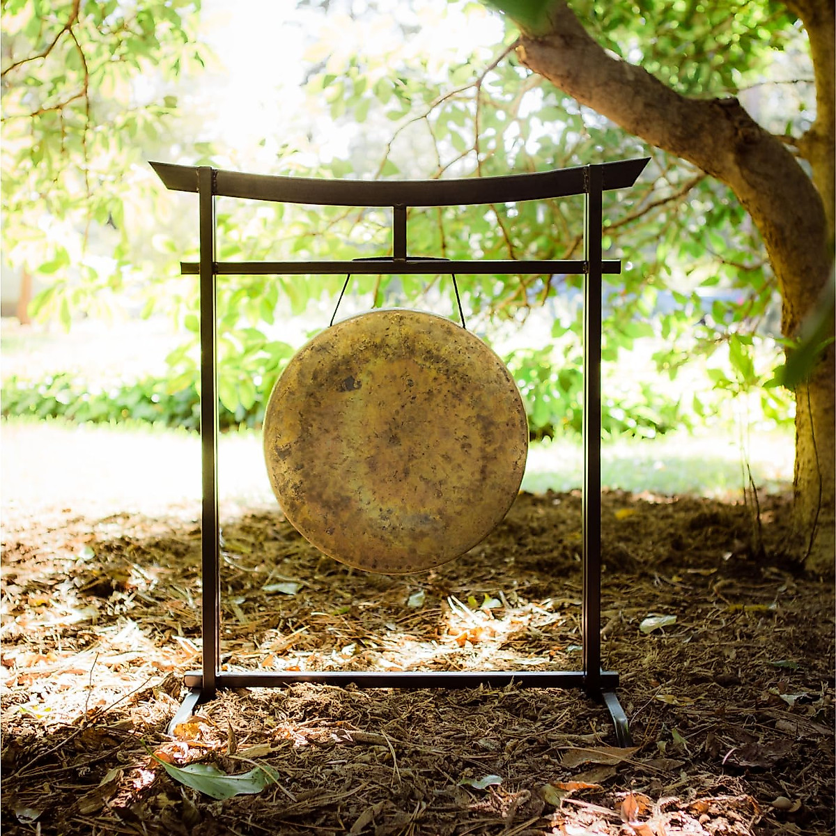 16" Gongs on Sacred Space Outdoor Stand - Includes Gong, Mallet, & Stand/Japanese Tori Gate Design/Traditional Chinese Bronze/For Meditation in Outdoor Spaces