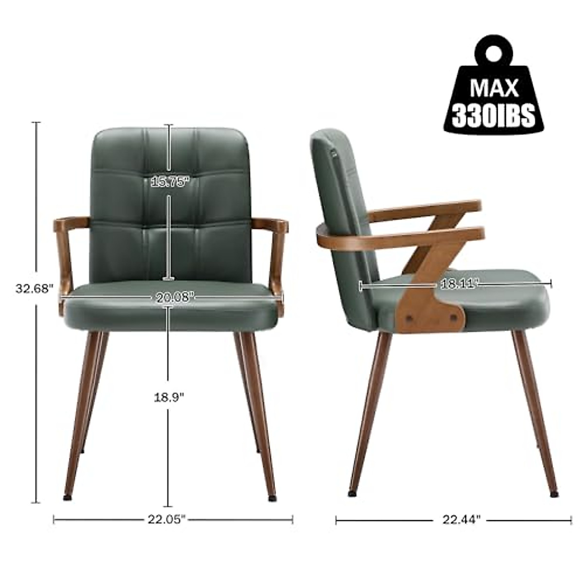 MEKLIBA Dining Chairs Set of 2，Dinner Chairs with Arms and Back，Comfortable Upholstered Dining Chairs,Modern Leather Kitchen Chair for Kitchen and Dining Room (Green)