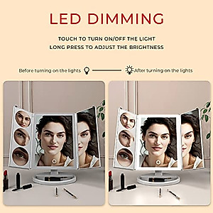 ZL ZELing LED Makeup Mirror with Lights, Trifold Vanity Mirror with 3X/5X/10X Magnification, Smart Touch Control, Dual Power Supply, Portable Cosmetic Mirror,Gift for Women