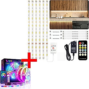 TJOY 19.6ft Under Cabinet Lighting + 50ft Bluetooth LED Strip Lights, 6PCS Dimmable 2700k-6500k Warm White to Daylight Bright LED Strip Light Bars for Kitchen Cabinet, Counter, Shelf