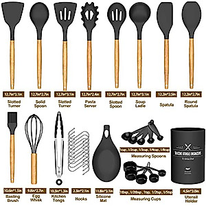 Umite Chef Kitchen Cooking Utensils Set, 33 pcs Non-Stick Silicone Cooking Kitchen Utensils Spatula Set with Holder, Black Wooden Handle Silicone Kitchen Gadgets Utensil Set