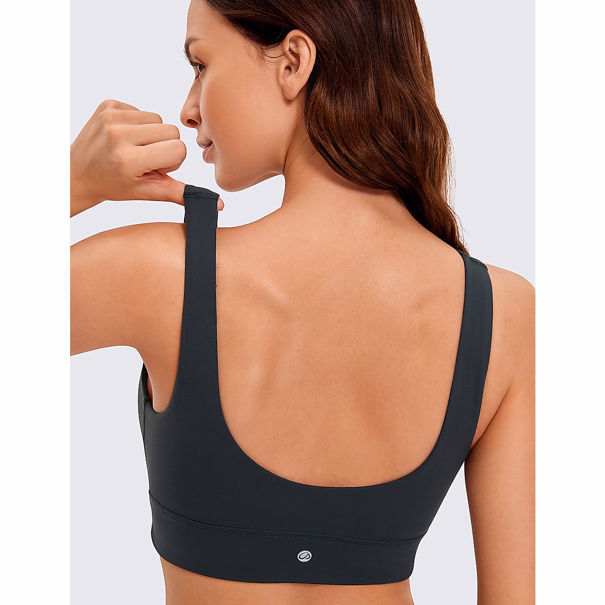 CRZ YOGA Butterluxe Womens U Back Sports Bra - Scoop Neck Padded Low Impact Yoga Bra Workout Crop Top with Built in Bra Melanite Medium